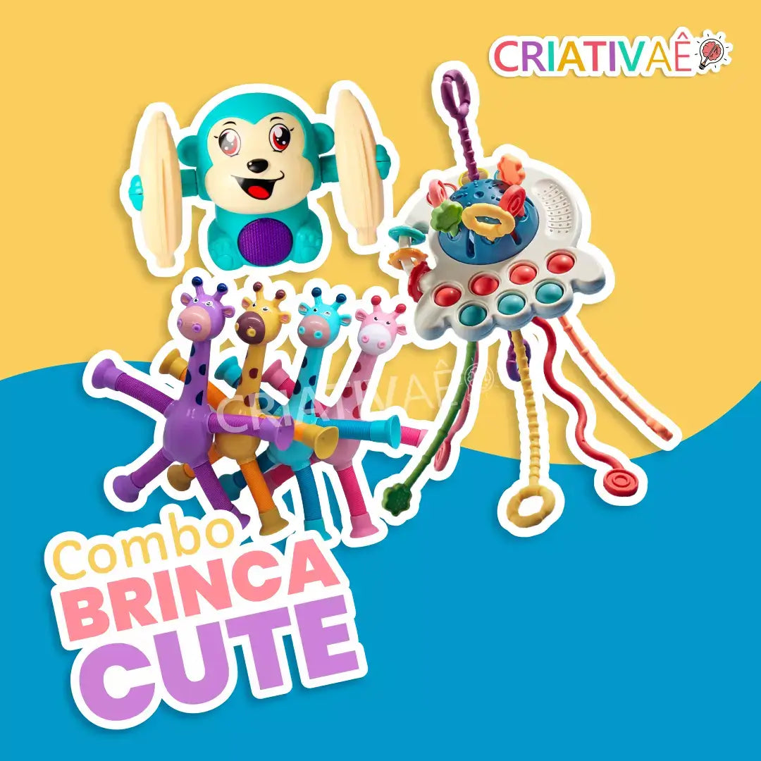 Combo Brinca Cute (Macaquinho + Mordedor montessori + Girafinhas que e